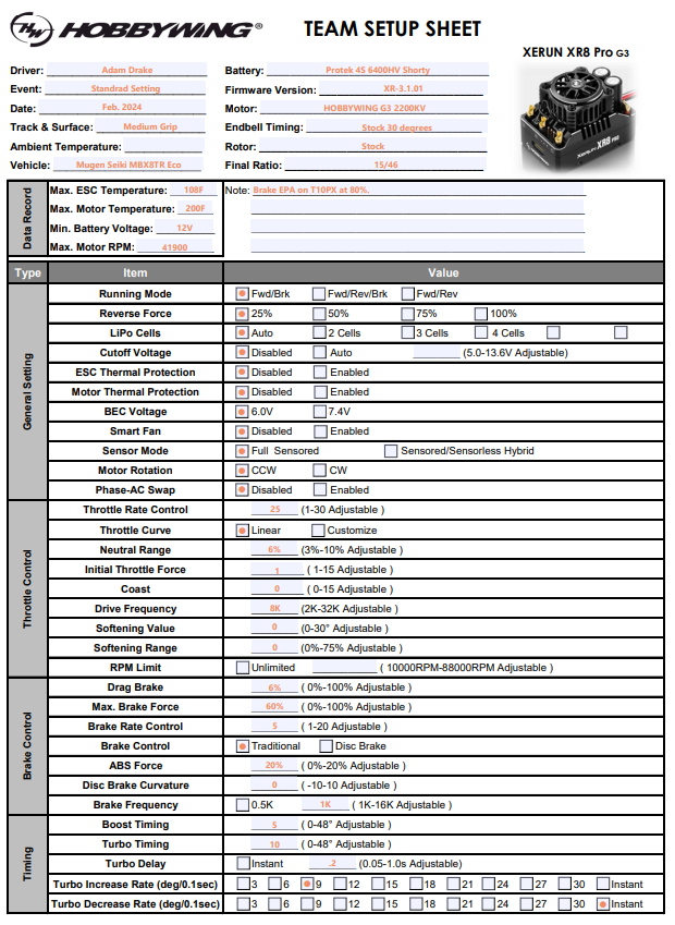 Offroad - Team Driver Setup Sheets – HOBBYWING Guru Support Center